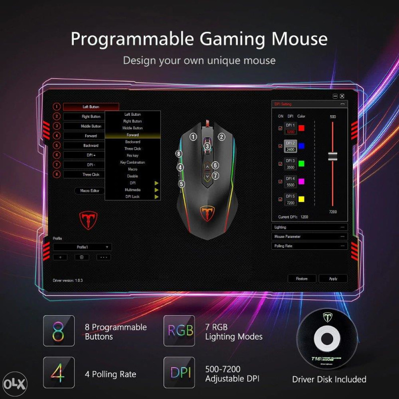 VicTsing T16 gaming miš, RGB, USB, 7200 DPI - Miševi - OLX.ba